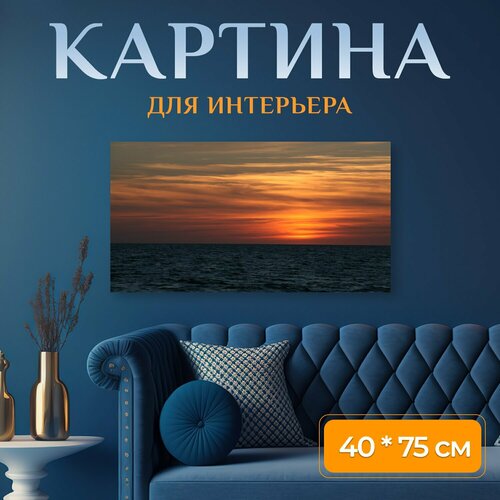 Картина на холсте "Заход солнца, море, небеса" на подрамнике 75х40 см. для интерьера
