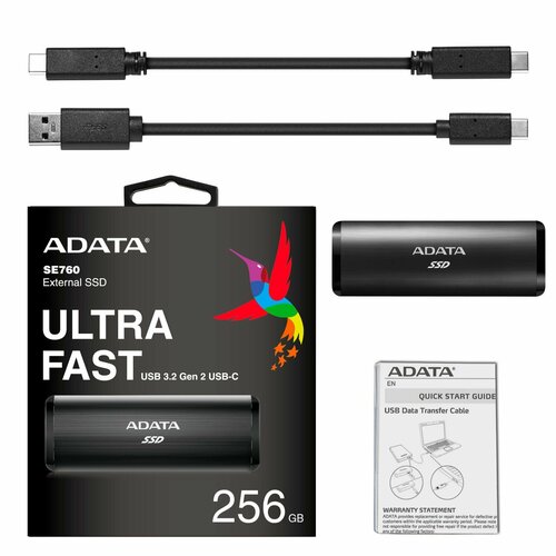 Накопитель SSD A-Data ASE760-256GU32G2-CBK, Type-C, 256GB, 1000/800MB/s, Black, USB 3.2 gen2 RTL, черный