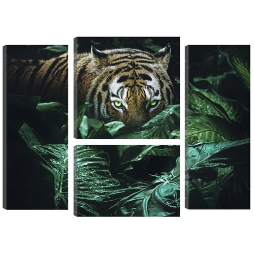 Модульная картина "Тигр в зелени". В спальню, гостиную, зал. PR-1408 (74x52см). Натуральный холст