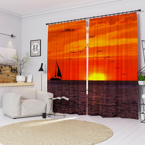 Фотошторы Оранжевый закат над морем Ш150xВ190 см. 2шт. Габардин на тесьме