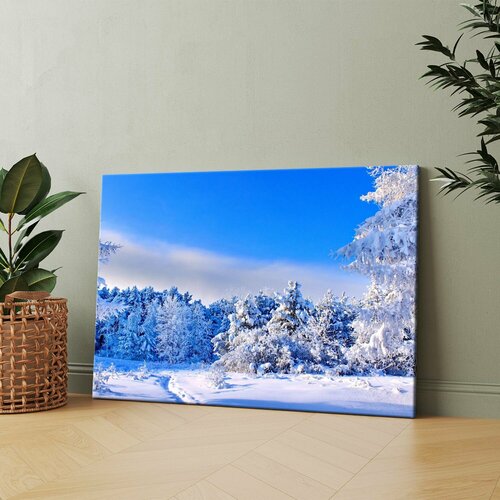 Картина на холсте (Заснеженный лес с голубым небом) 30x40 см. Интерьерная, на стену.