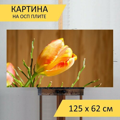Картина на ОСП 125х62 см. "Тюльпан, цветок, апельсин" горизонтальная, для интерьера, с креплениями