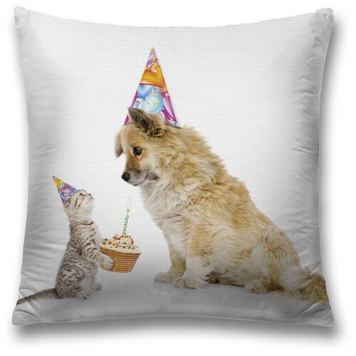 Наволочка декоративная на молнии, чехол на подушку JoyArty "Кот поздравляет собаку с именинами" 45х45 см