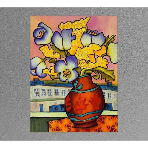 Картина для интерьера "Ваза на окне" Элиза Боунер 40х60 см натуральный холст. Коллекция - натюрморт, кубизм, пейзаж, мексиканская живопись.