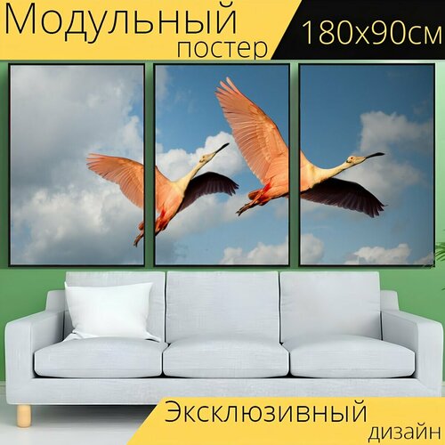 Модульный постер "Фламинго, птицы, пара" 180 x 90 см. для интерьера