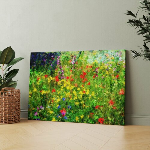 Картина на холсте "Картина разноцветных цветов в поле" 80x100 см. Интерьерная, на стену.