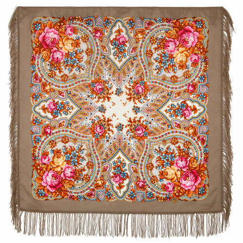 Платок Павловопосадская платочная мануфактура,89х89 см, коричневый, розовый