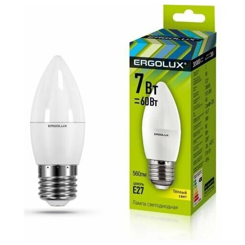 Эл. лампа светодиодная Свеча LED-С35-7W-E27-3K (7Вт=60Вт 510lm E27 3000K 172-265В) Ergolux