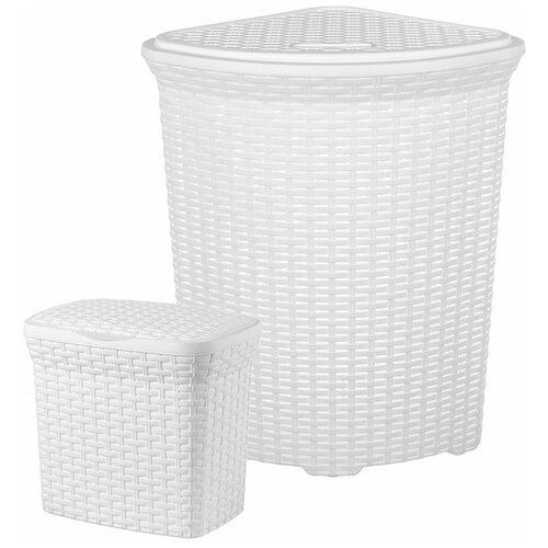Набор из 2х предметов Ротанг: Угловая корзина для белья 60л / контейнер для стирального порошка или мелочей 10л, цвет белый