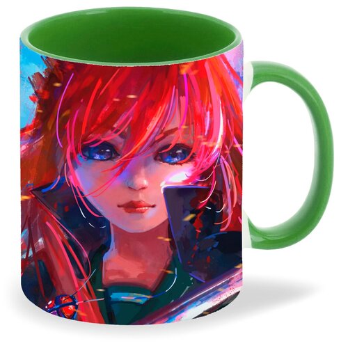 Кружка зеленый CoolPodarok Аниме девушка с катаной рыжие волосы