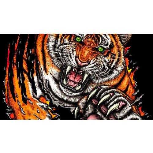 Картина на холсте 60x110 LinxOne "Арт Оскал Прыжок Хищник Тигр" интерьерная для дома / на стену / на кухню / с подрамником
