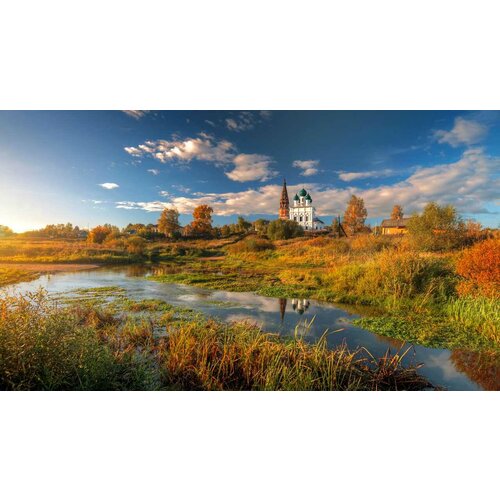 Картина на холсте 60x110 Альянс Лес "Осень церковь день село" на подрамнике / интерьер/ декор