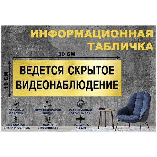 Табличка "ведется скрытое видеонаблюдение" на стену и дверь 300*100 мм с двусторонним скотчем