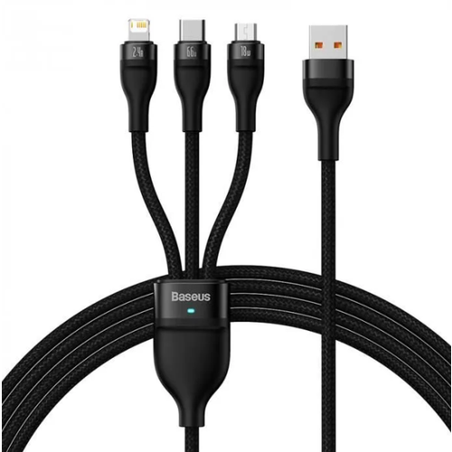 Кабель для быстрой зарядки BASEUS Flash Series Ⅱ One-for-three, USB to Lightning 2.4A/MicroUSB 18W/Type-C 66W, 6A, 1.2м, Черный