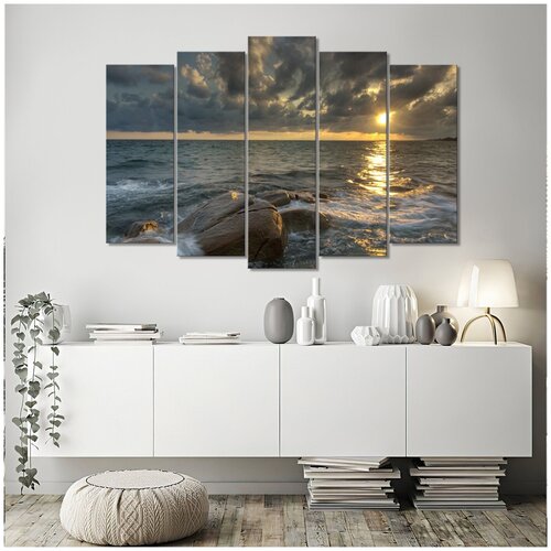 Модульная картина/Модульная картина на холсте/Модульная картина в подарок/ море камни закат - sea rocks sunset 150х100