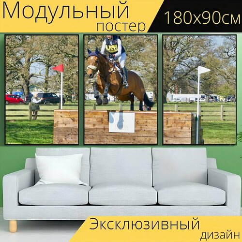 Модульный постер "Препятствие, прыгать, лошадь" 180 x 90 см. для интерьера