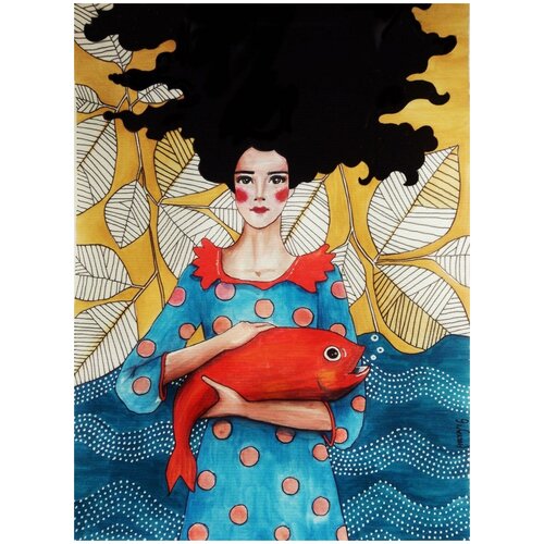 Постер / Плакат / Картина Девушка с рыбой 50х70 см в раме
