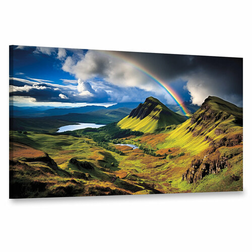 Интерьерная картина 100х60 "Пейзаж с горами, облаками и радугой"