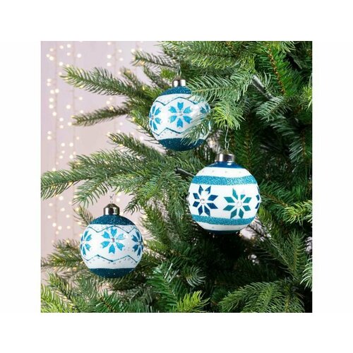 Набор стеклянных ёлочных шаров бирюзовая зима, белый и голубой, 8 см (упаковка 3 шт.), Kaemingk (Decoris)