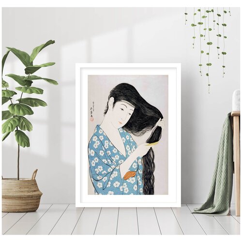 Постер В рамке "Гейша, японская иллюстрация" 40 на 50 в белой раме / Картина для интерьера / Плакат / Постер на стену / Интерьерные картины в рамке