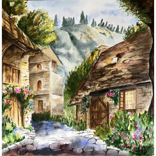 Картина акварелью "Альпийская деревня" 26х26см , ручная работа