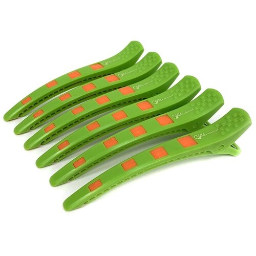 Gera Professional Зажим для волос, цвет зеленый с оранжевой силиконовой вставкой, 6 шт/уп