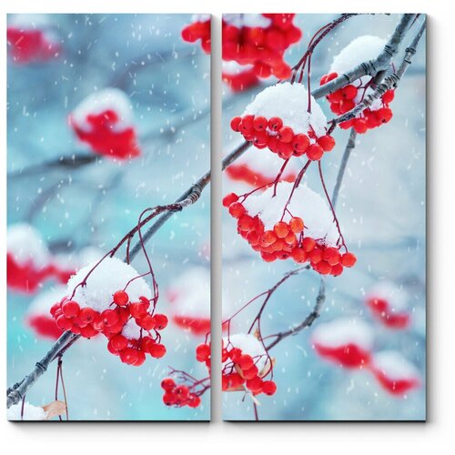 Модульная картина Первый снег укутывает спелые ягоды рябины 130x130