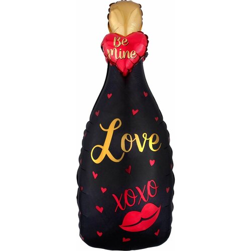Шар (33'/84 см) Фигура, Бутылка, Шампанское, Love, Черный/Красный, 1 шт.