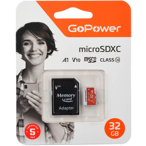 Карта памяти 32Gb MicroSD GoPower + SD адаптер (00-00025679)