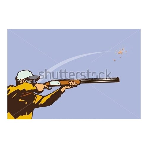 Постер на холсте Мужчина стреляет из ружья по тарелочкам 44см. x 30см.