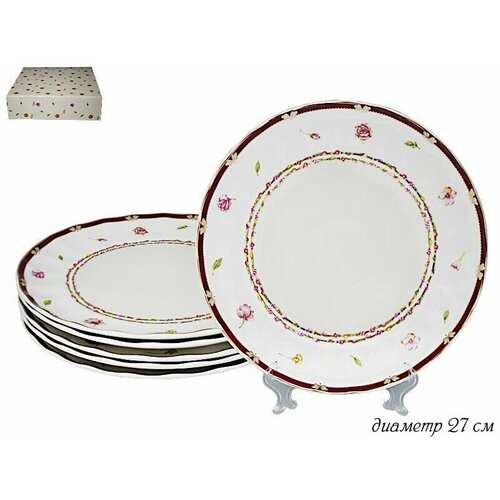 Набор тарелок сервировочных обеденных 27 см на 6 персон Lenardi Венок, фарфор, столовые мелкие, закусочные белые, 6 шт набор посуды