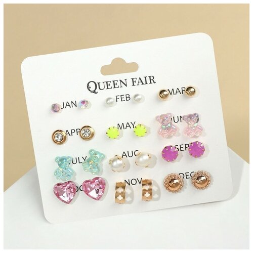 Серьги пусеты Queen Fair, стекло, мультиколор, золотой