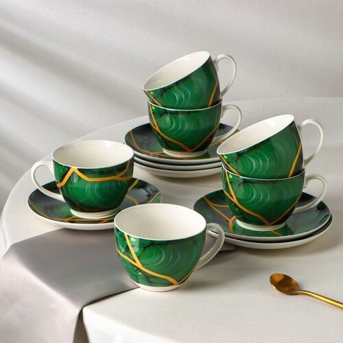 Доляна Сервиз фарфоровый чайный Доляна «Малахитовая шкатулка», 12 предметов: 6 чашек 250 мл, 6 блюдец d=15 см, цвет зелёный