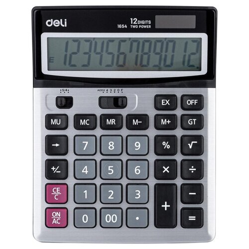 Калькулятор настоль. полнораз. Deli E1654,12р, дв. пит, 186x147мм, металл, сереб