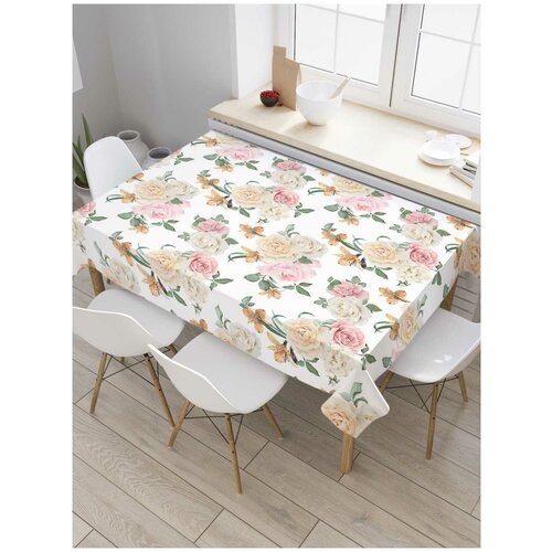 Скатерть прямоугольная JoyArty на кухонный стол "Пастельные розы и лилии" из оксфорда, 180x145 см