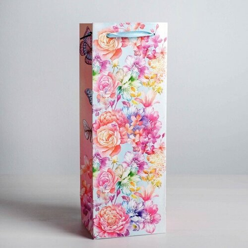 Упаковка подарочная, Пакет ламинированный под бутылку «Цветы и бабочки», 13 х 36 х 10 см