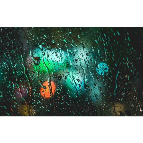 Картина на холсте 60x110 LinxOne "Капли, мокрый, стекло, дождь, огни, боке" интерьерная для дома / на стену / на кухню / с подрамником