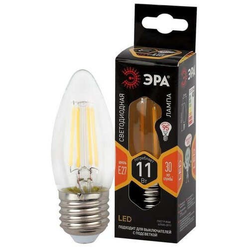 Лампа светодиодная филаментная F-LED B35-11w-827-E27 B35 11Вт свеча E27 тепл. бел. | код. Б0046986 | Эра (9шт. в упак.)