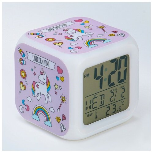 Часы настольные электронные "Единорог" с подсветкой, будильник, термометр, календарь, 8х8 см