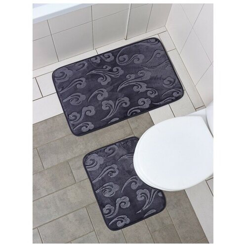 Доляна Набор ковриков для ванной и туалета Доляна «Грация», 2 шт, 40×50, 50×80 см, цвет серый