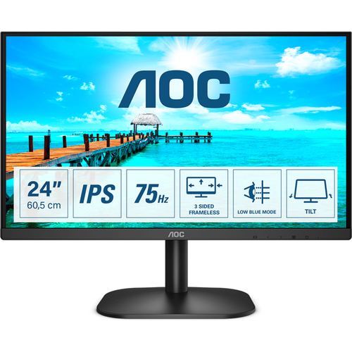 AOC Монитор LCD 23.8' [16:9] 1920х1080(FHD) IPS, nonGLARE, 75 Hz, 250 cd/m2, H178°/V178°, 1000:1, 20М:1, 16.7M, 4ms, VGA, DVI, Tilt, 3Y, Black