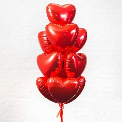 Букет (фонтан) из надутых гелием воздушных шаров "Сердца" красные 9 штук 18" (46 см)