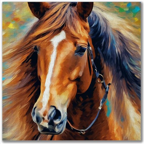 Картина интерьерная на натуральном холсте "Голова рыжего коня" . Серия "Лошади" из цикла "Домашние животные", 40х40см