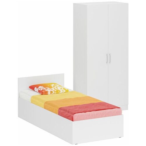 Кровать белая односпальная 900 со шкафом для одежды 2-х створчатым Стандарт, цвет белый, спальное место 900х2000 мм, без матраса, основание есть