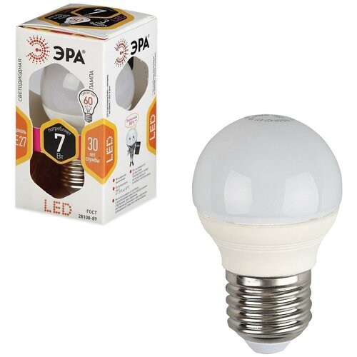 Лампа светодиодная ЭРА, 7 (60) Вт, цоколь E27, шар, теплый белый свет, 30000 ч, LED smdP45-7w-827-E27