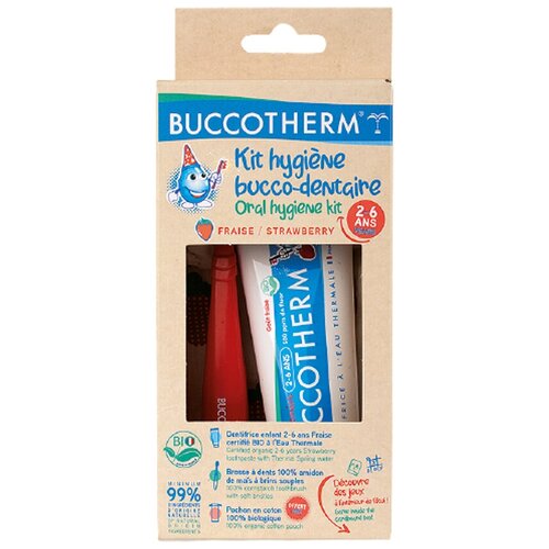 Набор детский BUCCOTHERM 2-6 лет, зубная паста с клубничным вкусом BIO 1000 ppm и зубная щетка Soft