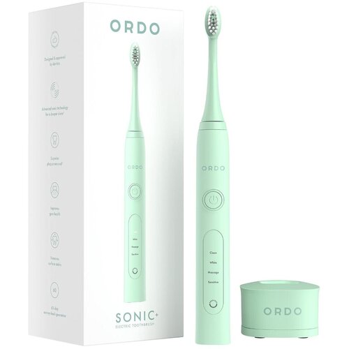 Электрическая зубная щетка ORDO Sonic+ звуковая, 4 режима чистки, таймер на 2 мин, USB зарядка, с влагозащитой, мятно-зелёная