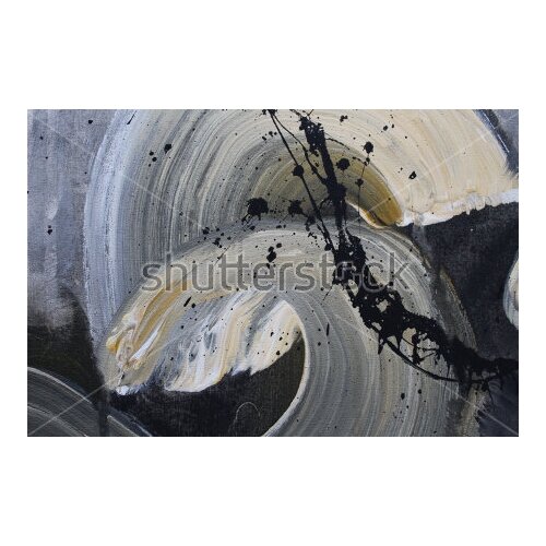 Постер на холсте Серебряные волны в лунном свете - динамичная композиция в оттенках серого и золотого цвета с чёрными брызгами и кляксами 60см. x 40см.