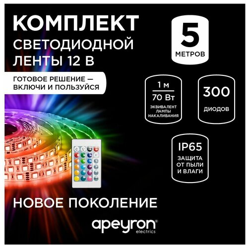 Комплект светодиодной RGB подсветки с напряжением 12В, излучающий световой поток 700 Лм/м, обладает 256 различными оттенками свечения и соответствует стандарту защиты IP65. Длина 5 метров. Ширина 10 мм.