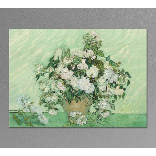 Картина для интерьера "Ваза с розовыми розами" Винсент Ван Гог 40х60 см. натуральный холст. Коллекция - импрессионизм.